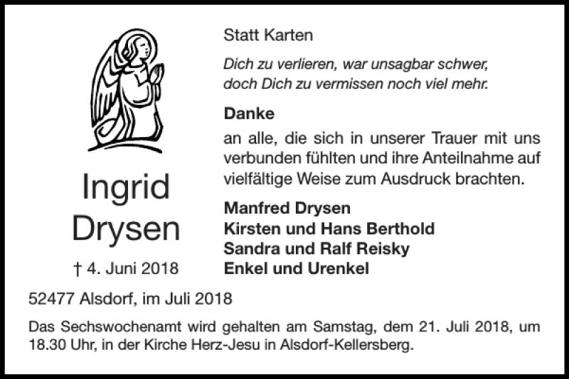Traueranzeigen von Ingrid Drysen | Aachen gedenkt