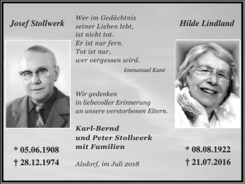 Traueranzeigen von Josef Stollwerk Hilde Lindland | Aachen gedenkt