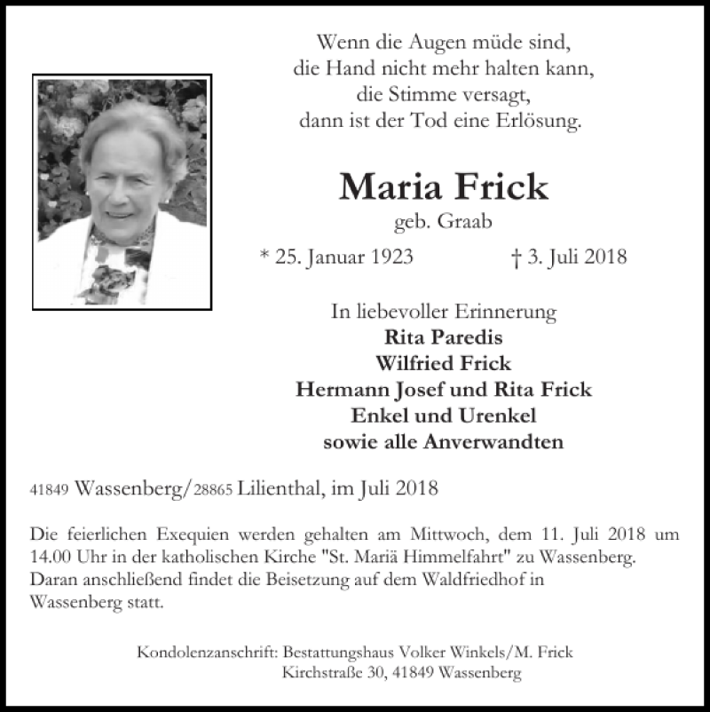 Traueranzeigen von Maria Frick | Aachen gedenkt