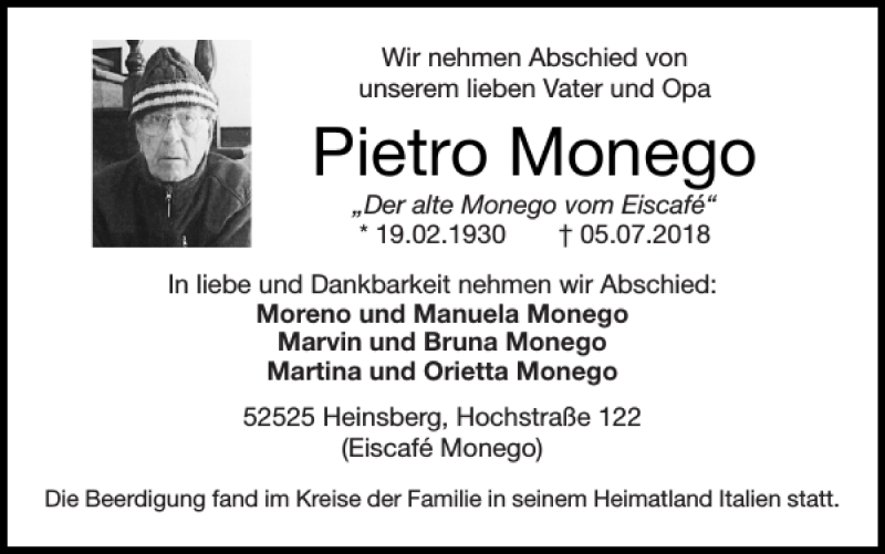 Traueranzeigen von Pietro Monego | Aachen gedenkt
