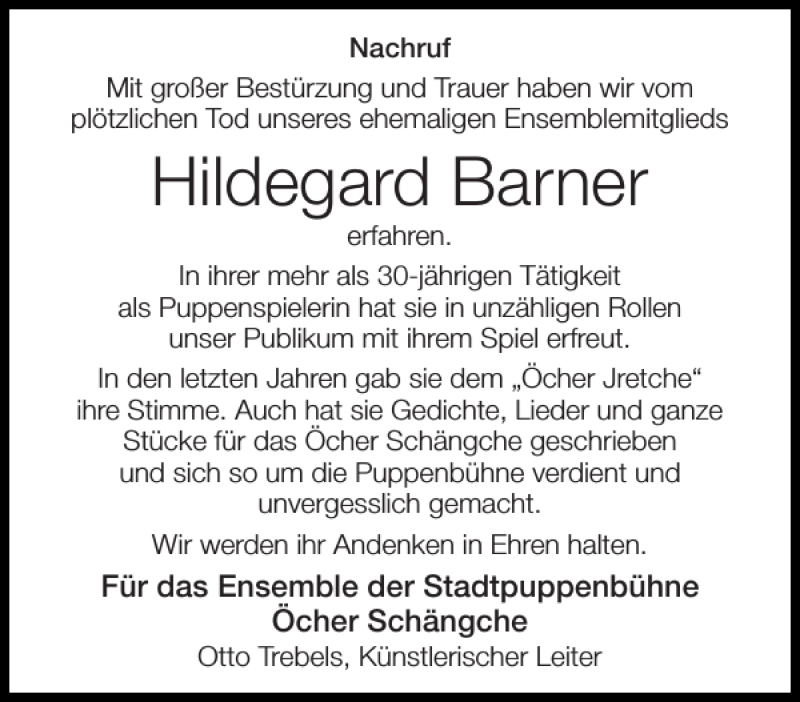 Traueranzeigen von Hildegard Barner | Aachen gedenkt Traueranzeigen von Hildegard Barner | Aachen gedenkt