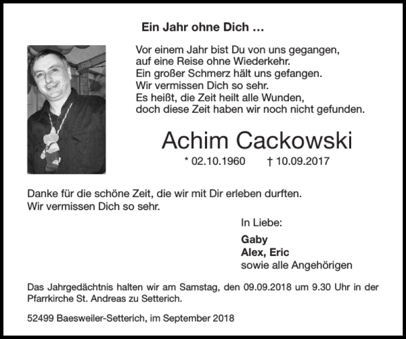 Traueranzeigen von Achim Cackowski | Aachen gedenkt