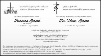 Traueranzeigen von Barbara Leibold Dr. Heinz Leibold | Aachen gedenkt