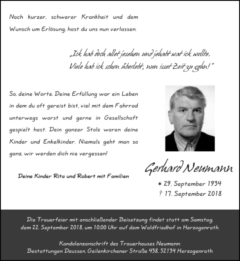 Traueranzeigen von Gerhard Neumann | Aachen gedenkt