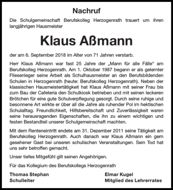 Traueranzeigen von Klaus Aßmann | Aachen gedenkt
