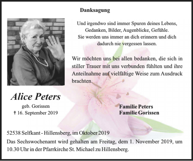 Traueranzeigen von Alice Peters | Aachen gedenkt