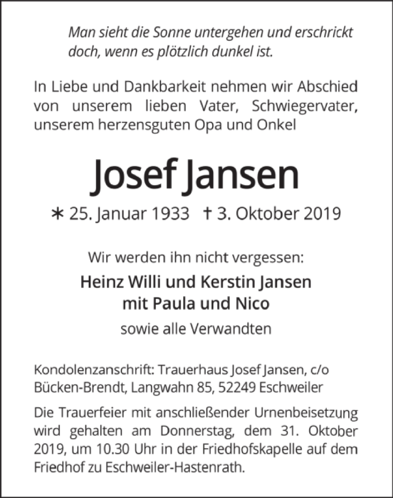 Traueranzeigen von Josef Jansen | Aachen gedenkt