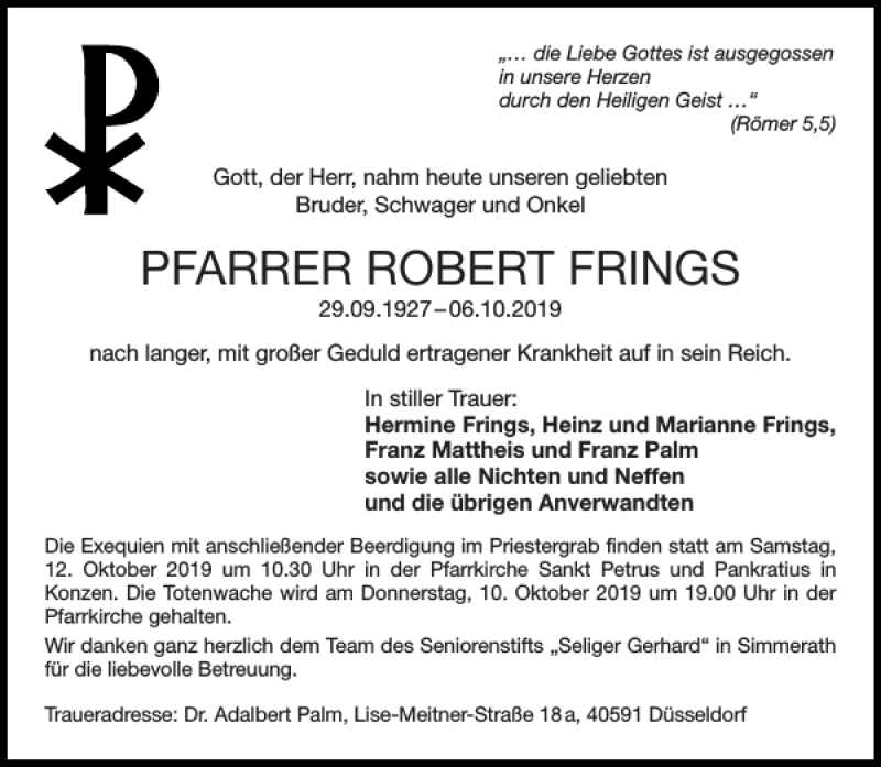 Traueranzeigen von ROBERT FRINGS | Aachen gedenkt