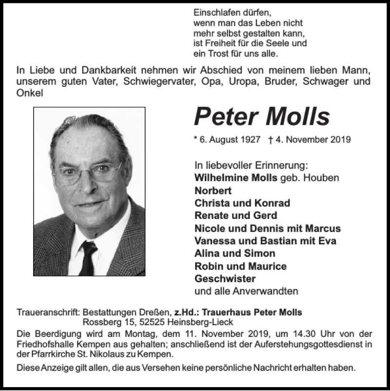 Traueranzeigen von Peter Molls | Aachen gedenkt