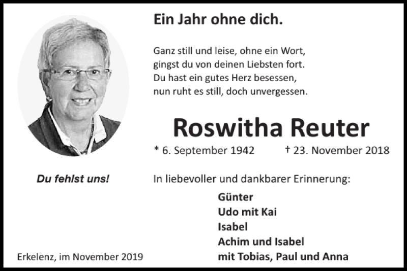 Traueranzeigen von Roswitha Reuter | Aachen gedenkt