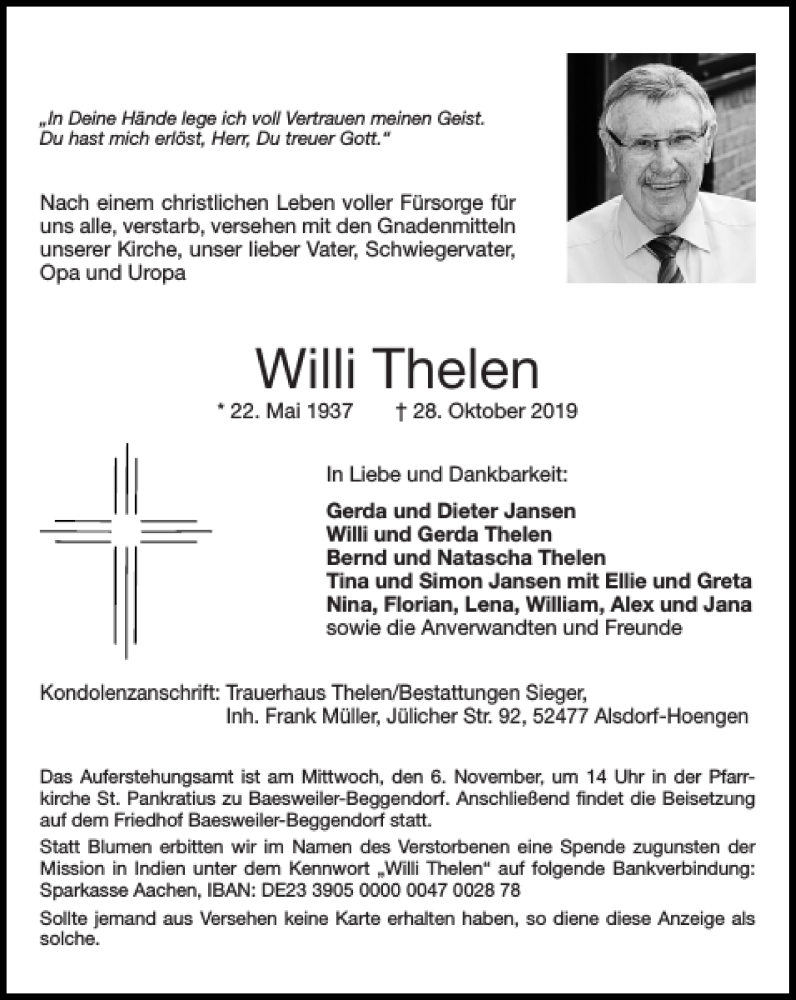 Traueranzeigen von Willi Thelen | Aachen gedenkt