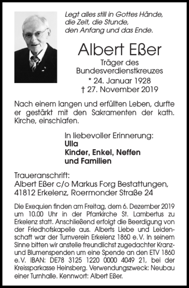 Traueranzeigen von Albert Eßer | Aachen gedenkt