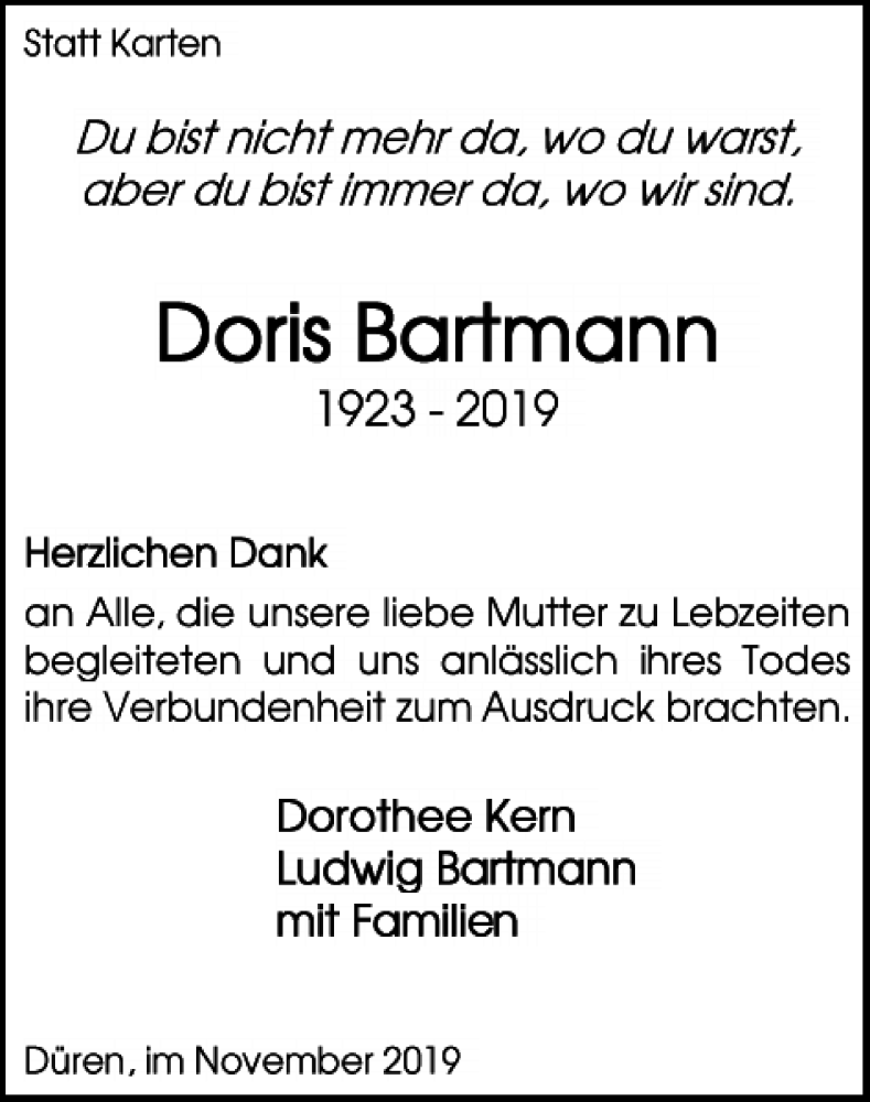 Traueranzeigen von Doris Bartmann | Aachen gedenkt
