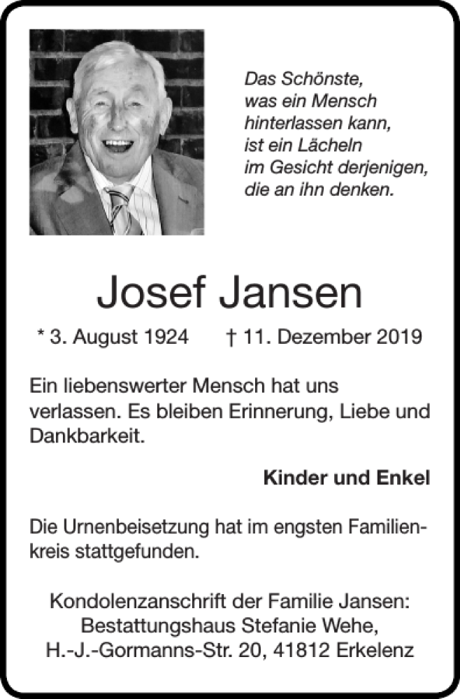 Traueranzeigen von Josef Jansen | Aachen gedenkt
