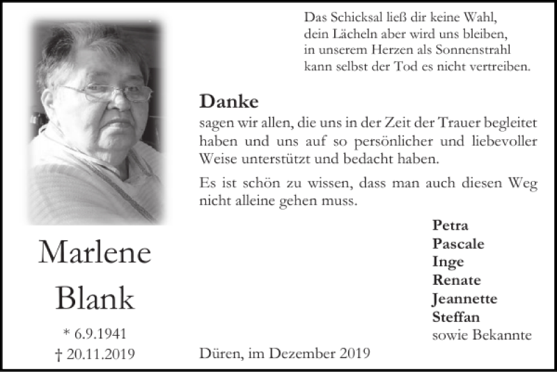 Traueranzeigen von Marlene Blank | Aachen gedenkt Traueranzeigen von Marlene Blank | Aachen gedenkt