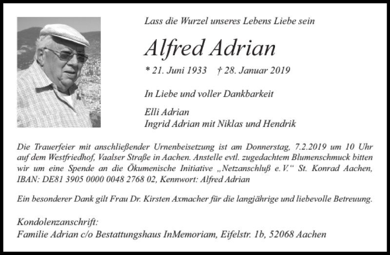 Traueranzeigen von Alfred Adrian | Aachen gedenkt