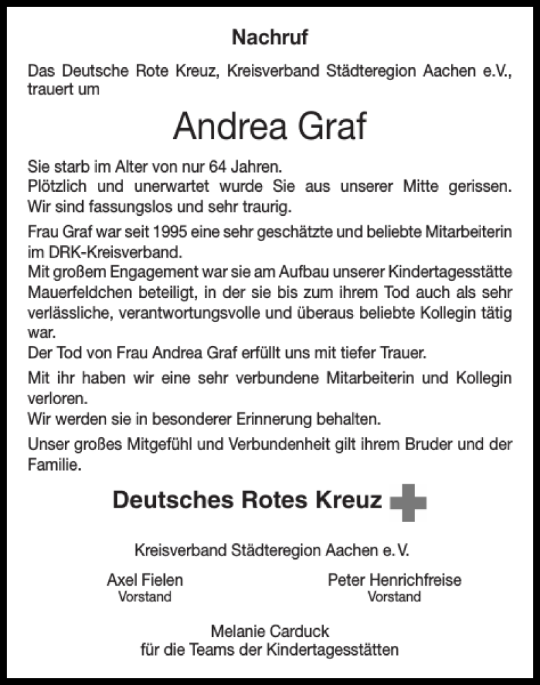 Traueranzeigen von Andrea Graf | Aachen gedenkt