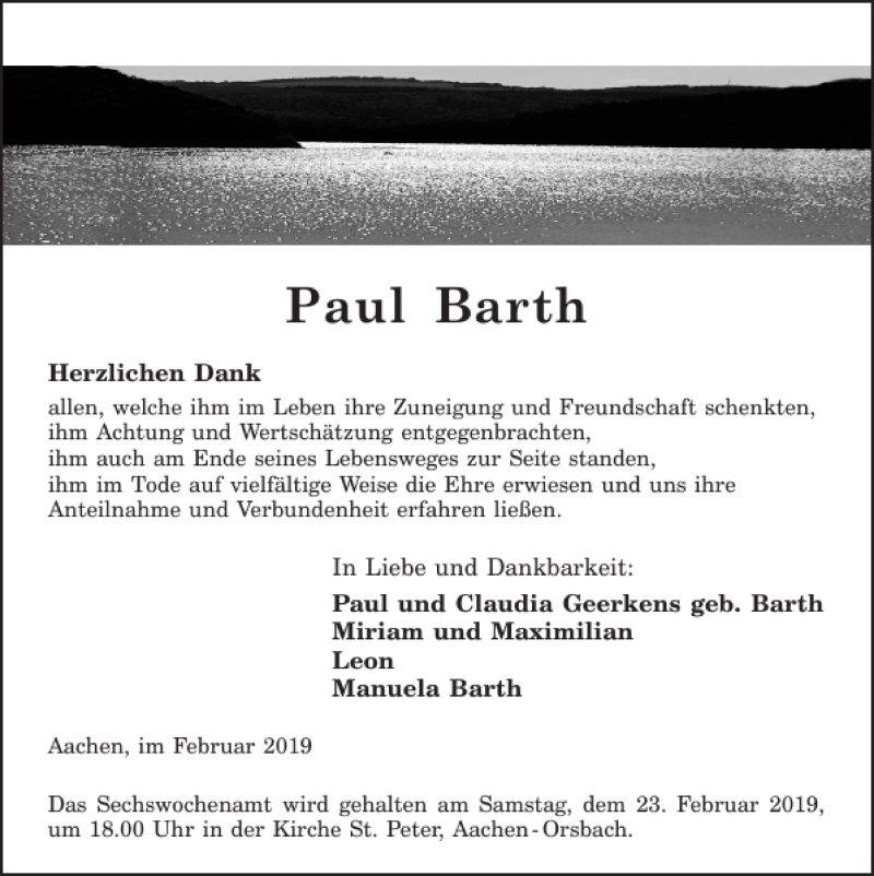 Traueranzeigen von Paul Barth | Aachen gedenkt
