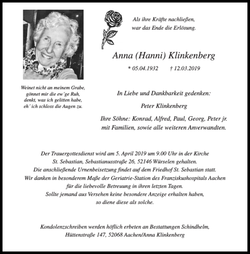 Traueranzeigen von Anna Hanni Klinkenberg | Aachen gedenkt