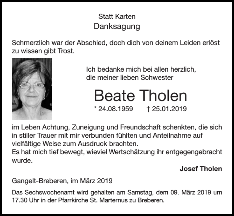 Traueranzeigen von Beate Tholen | Aachen gedenkt Traueranzeigen von Beate Tholen | Aachen gedenkt