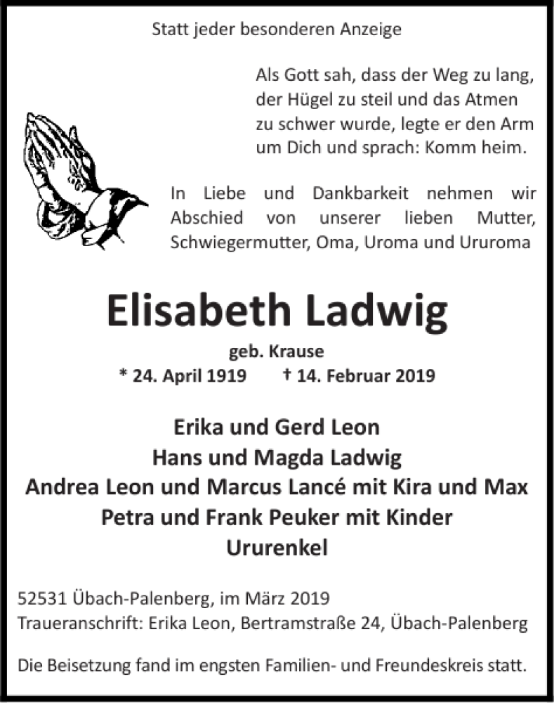 Traueranzeigen von Elisabeth Ladwig | Aachen gedenkt