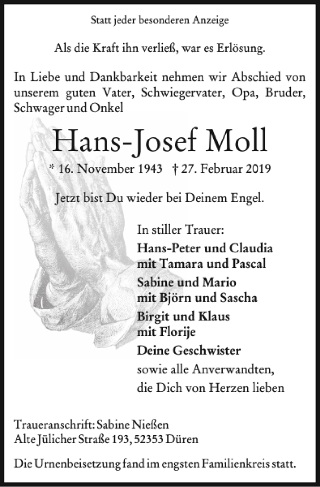 Traueranzeigen von Hans-Josef Moll | Aachen gedenkt