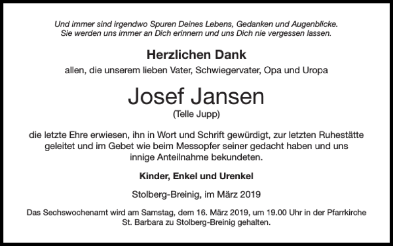 Traueranzeigen von Josef Jansen | Aachen gedenkt