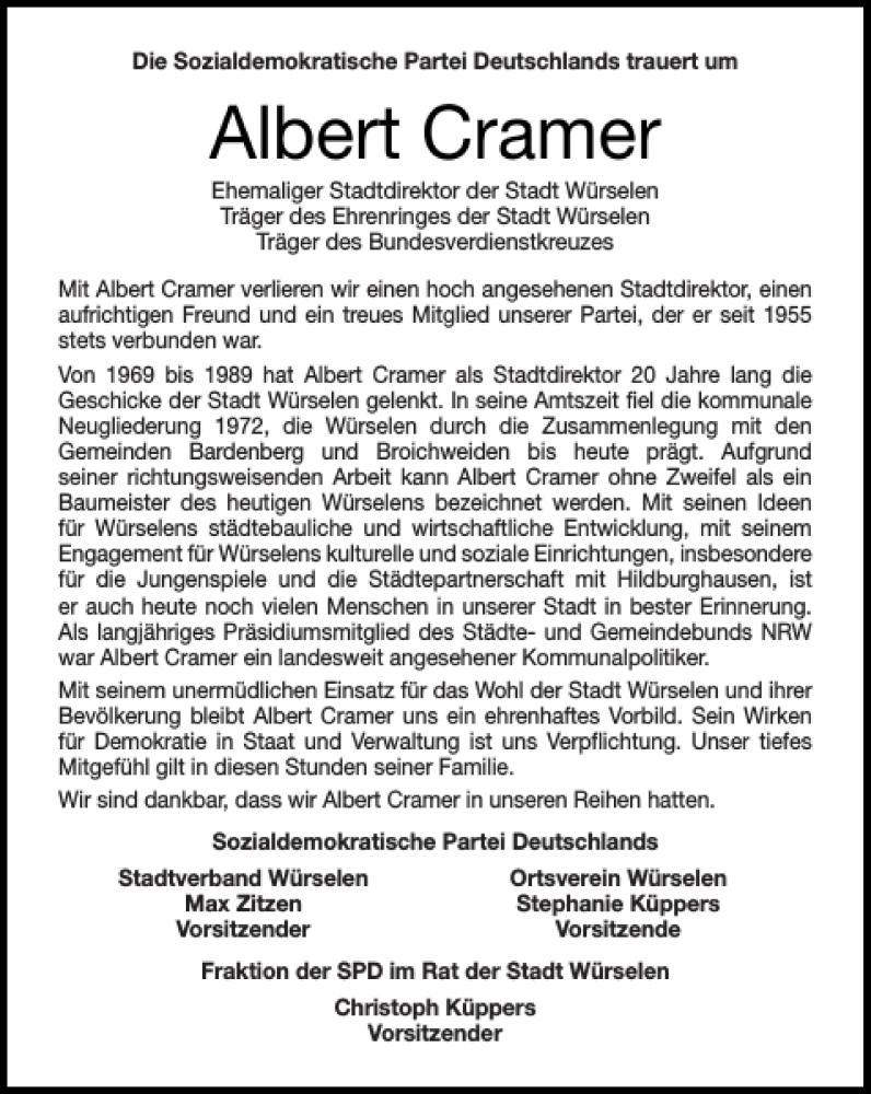 Traueranzeigen von Albert Cramer | Aachen gedenkt Traueranzeigen von Albert Cramer | Aachen gedenkt