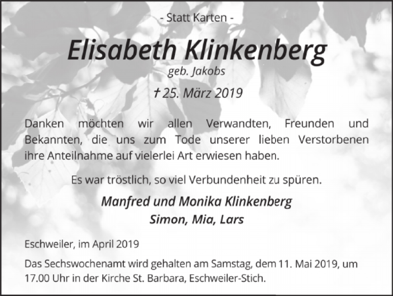 Traueranzeigen von Elisabeth Klinkenberg | Aachen gedenkt