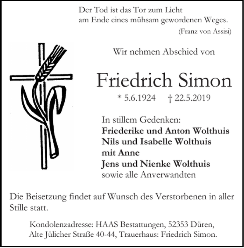 Traueranzeigen von Friedrich Simon | Aachen gedenkt