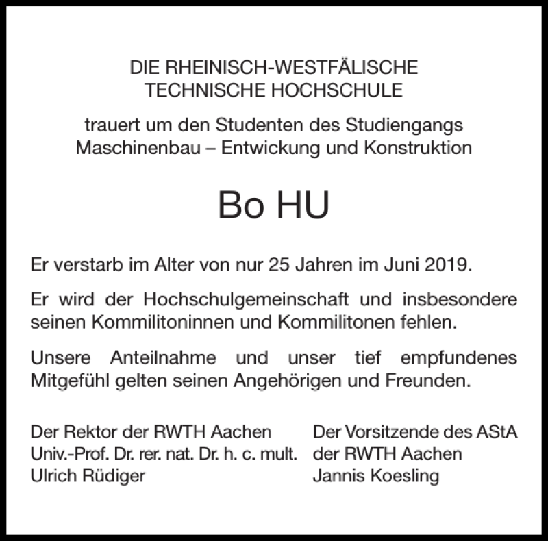 Traueranzeigen von Bo HU | Aachen gedenkt