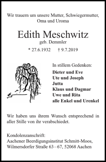 Traueranzeigen von Edith Meschwitz | Aachen gedenkt