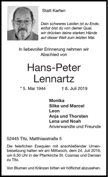 Traueranzeigen von Hans-Peter Lennartz | Aachen gedenkt