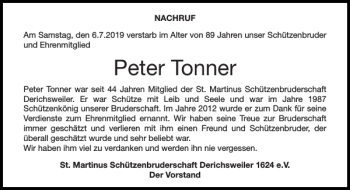Traueranzeigen von Peter Tonner | Aachen gedenkt