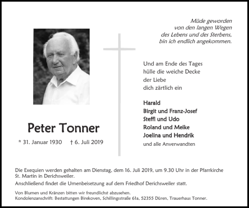 Traueranzeigen von Peter Tonner | Aachen gedenkt