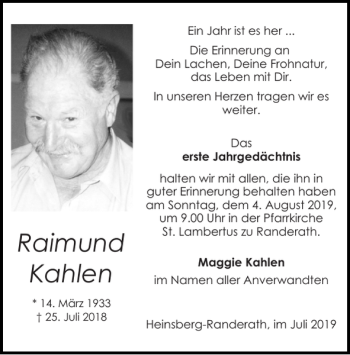 Traueranzeigen von Raimund Kahlen | Aachen gedenkt