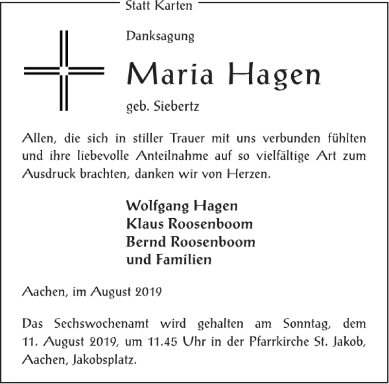 Traueranzeigen von Maria Hagen | Aachen gedenkt
