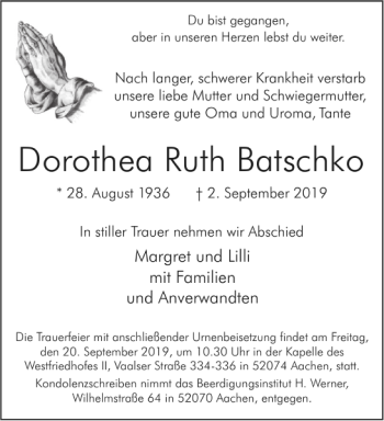 Traueranzeigen von Dorothea Ruth Batschko | Aachen gedenkt