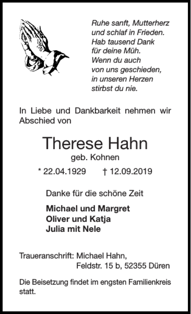 Traueranzeigen von Therese Hahn | Aachen gedenkt