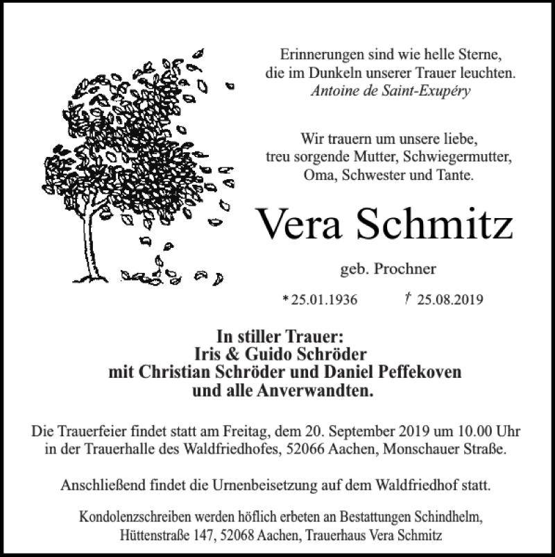 Traueranzeigen von Vera Schmitz | Aachen gedenkt Traueranzeigen von Vera Schmitz | Aachen gedenkt