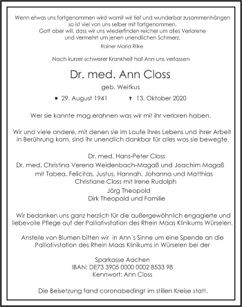 Traueranzeigen von Ann Closs | Aachen gedenkt