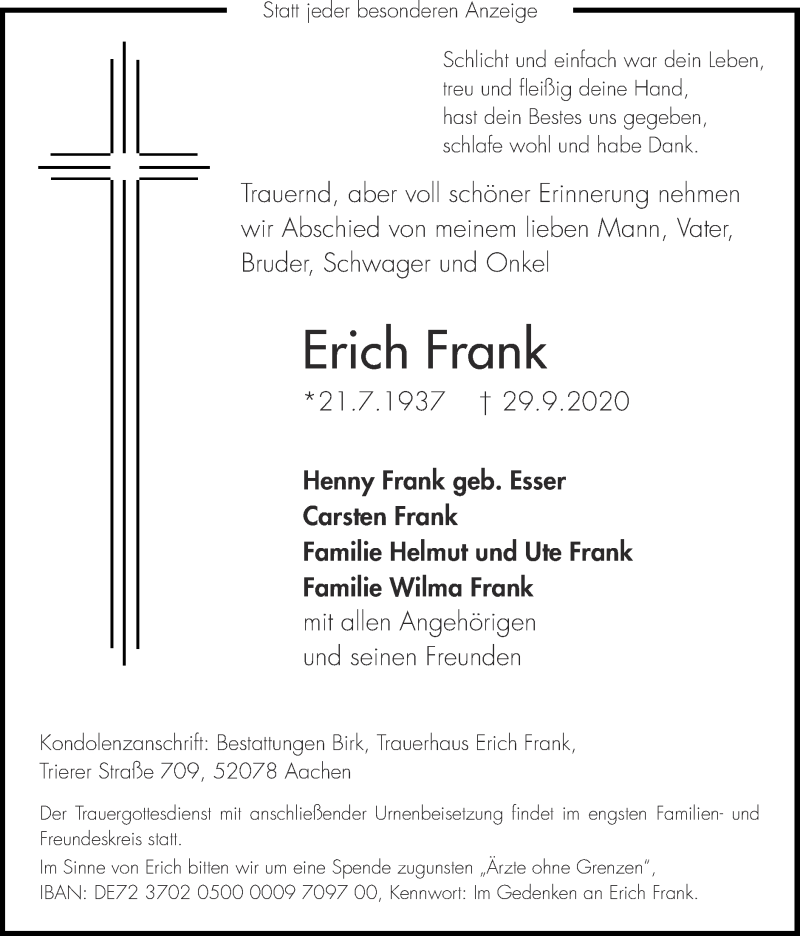 Traueranzeigen von Erich Frank | Aachen gedenkt