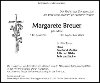 Traueranzeigen von Margarete Breuer | Aachen gedenkt