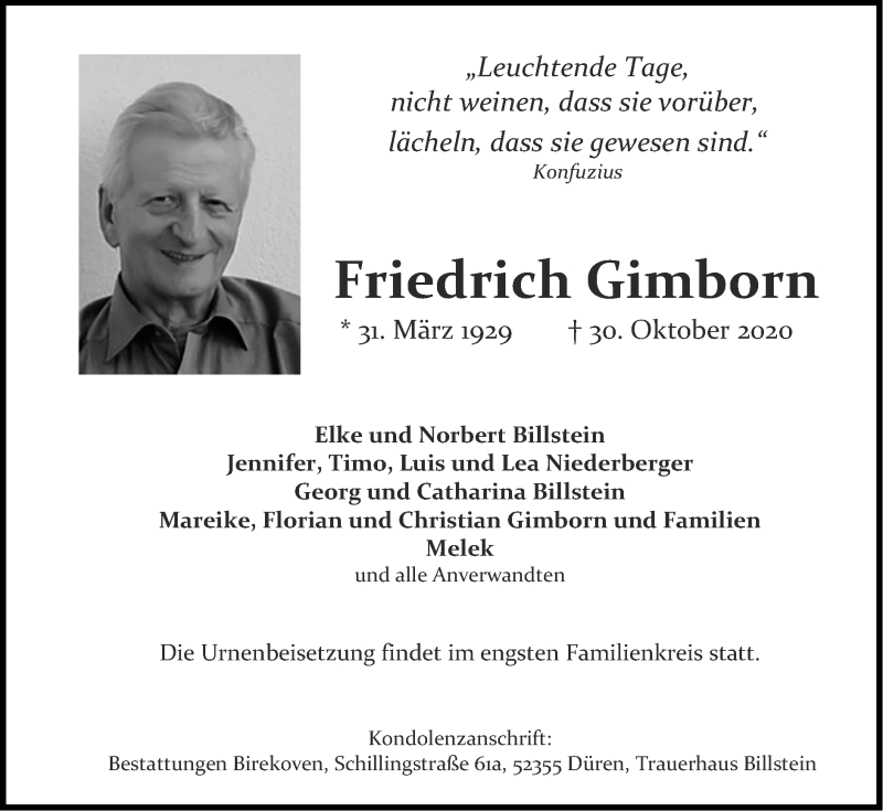 Traueranzeigen von Friedrich Gimborn | Aachen gedenkt