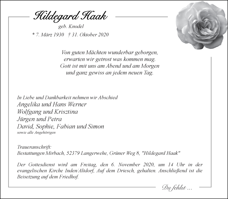 Traueranzeigen von Hildegard Haak | Aachen gedenkt Traueranzeigen von Hildegard Haak | Aachen gedenkt