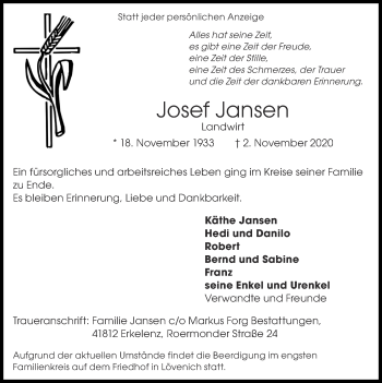 Traueranzeigen von Josef Jansen | Aachen gedenkt
