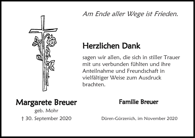 Traueranzeigen von Margaret Breuer | Aachen gedenkt