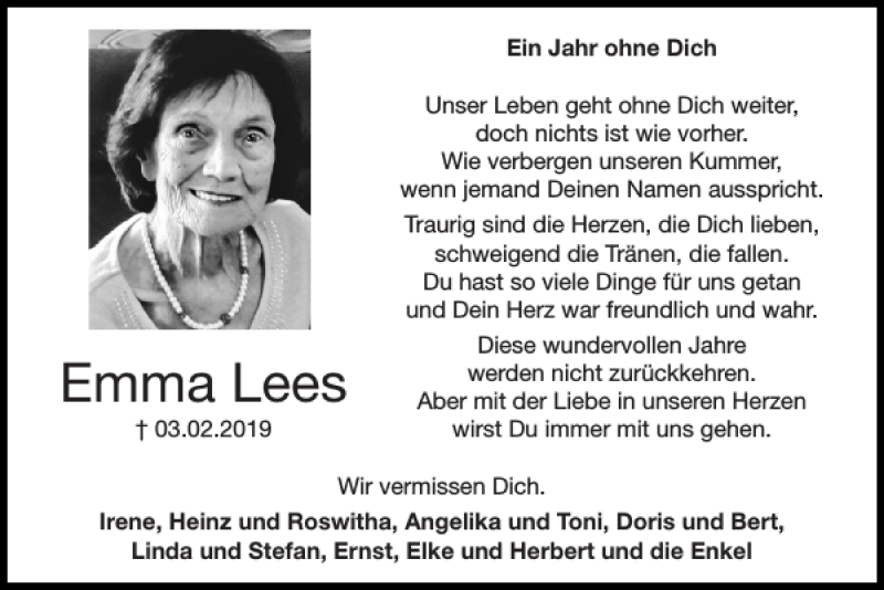 Traueranzeigen von Emma Lees | Aachen gedenkt Traueranzeigen von Emma Lees | Aachen gedenkt