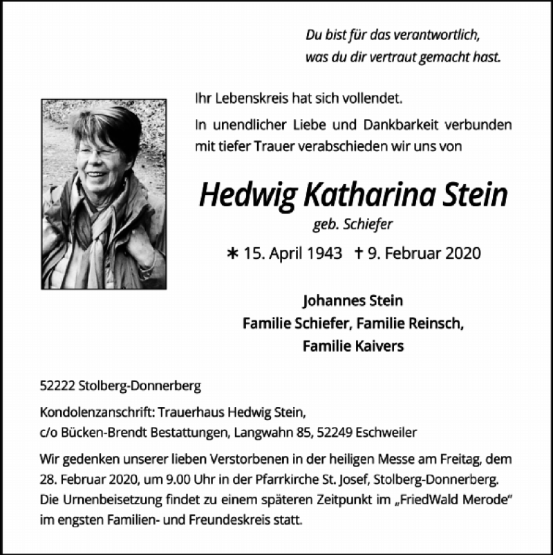 Traueranzeigen von Hedwig Katharina Stein | Aachen gedenkt