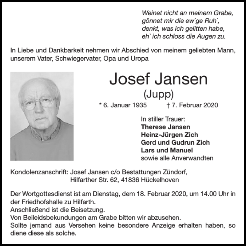 Traueranzeigen von Josef Jansen | Aachen gedenkt
